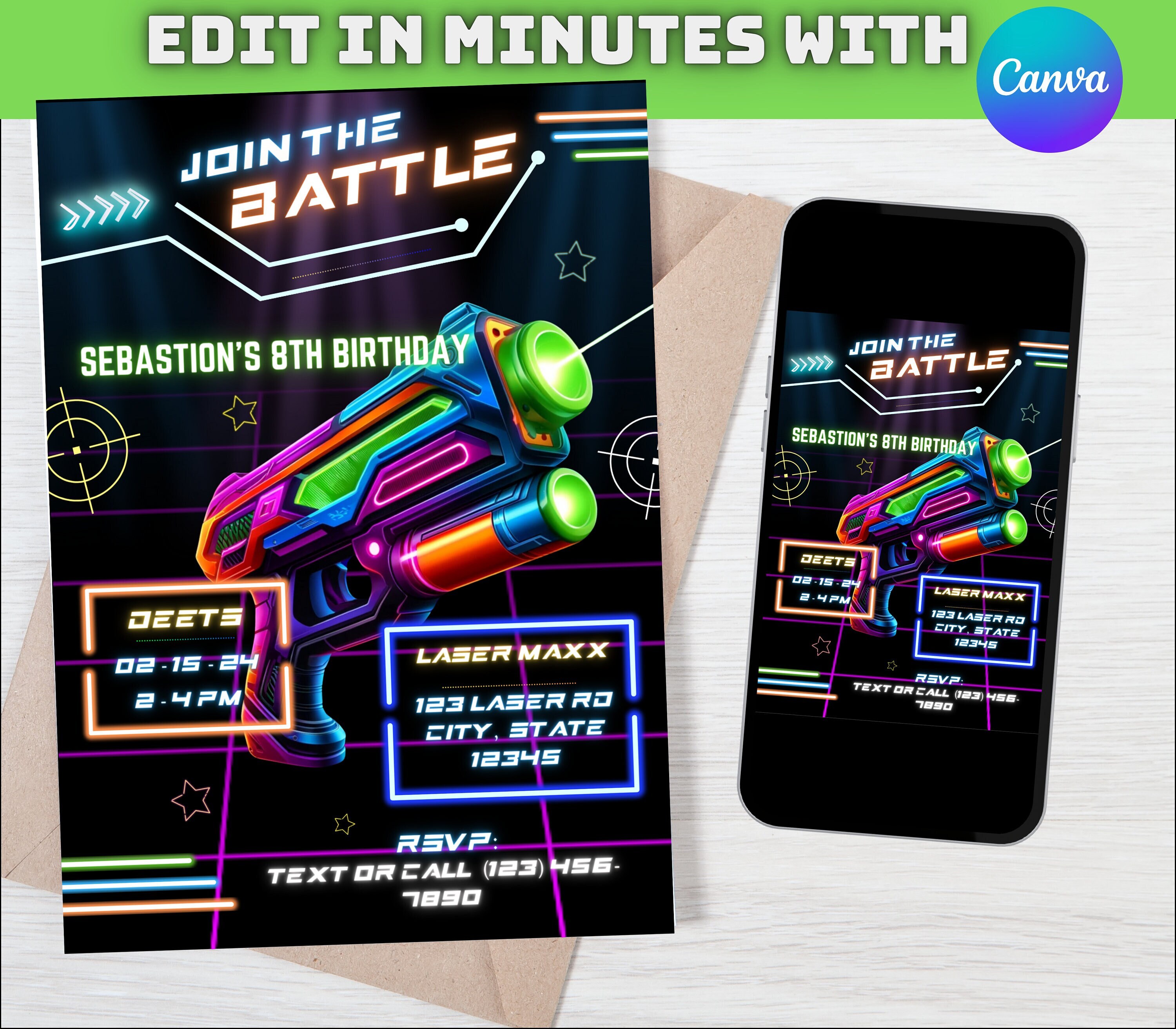 Laser Tag Birthday Invitation Template, Editable, Laser Tag Invite ...