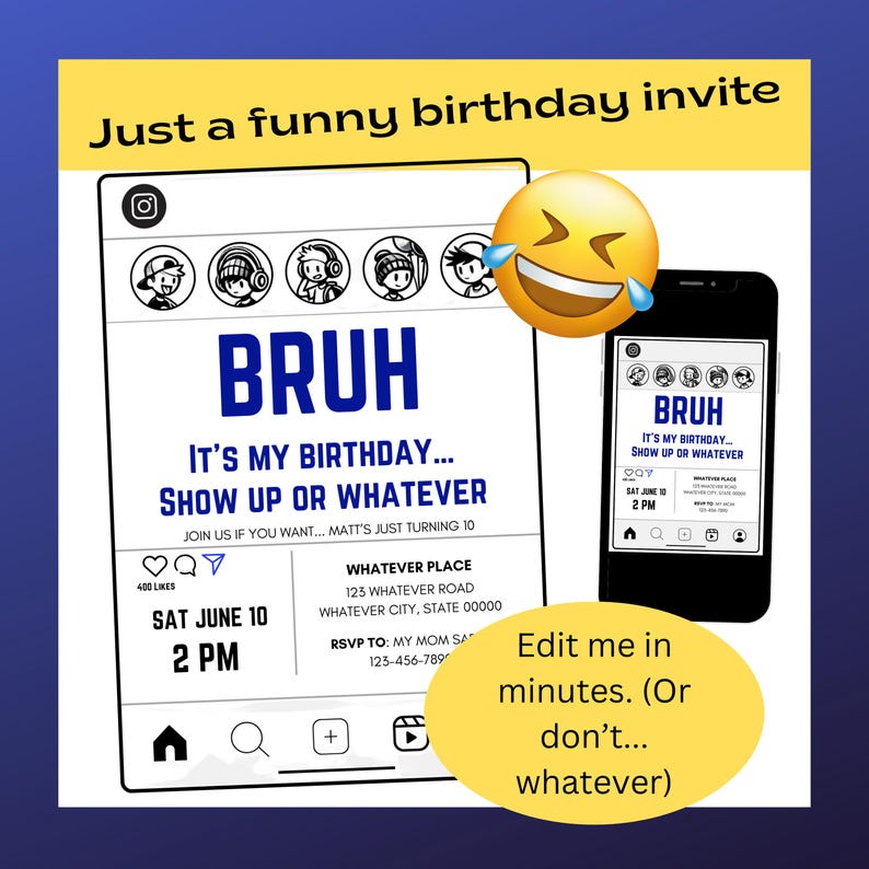 Funny Birthday Party Invitation Template, for Boy, Guy, Editable ...