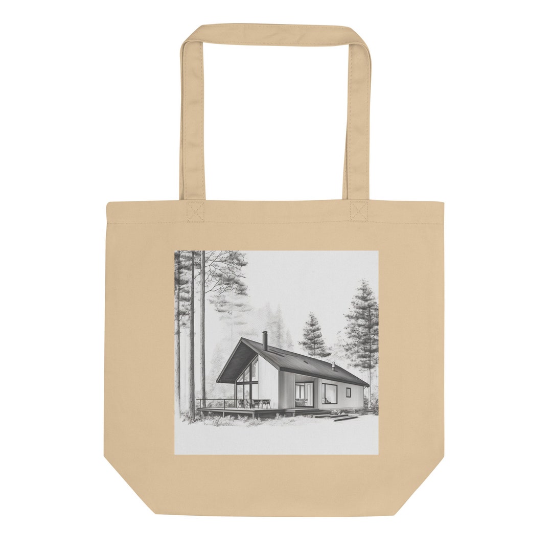 Modern Cabin Architectural Sketch Tote Bag Black and White Design 1 for ...