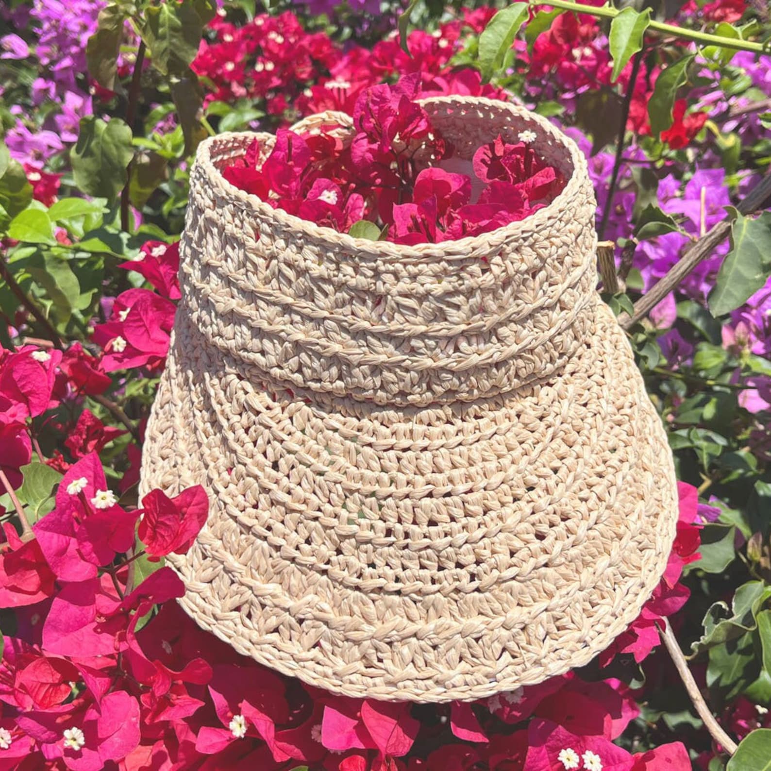 Crochet Pattern Floral Summer Sun Visor, Raffia Shield With Ponytail ...
