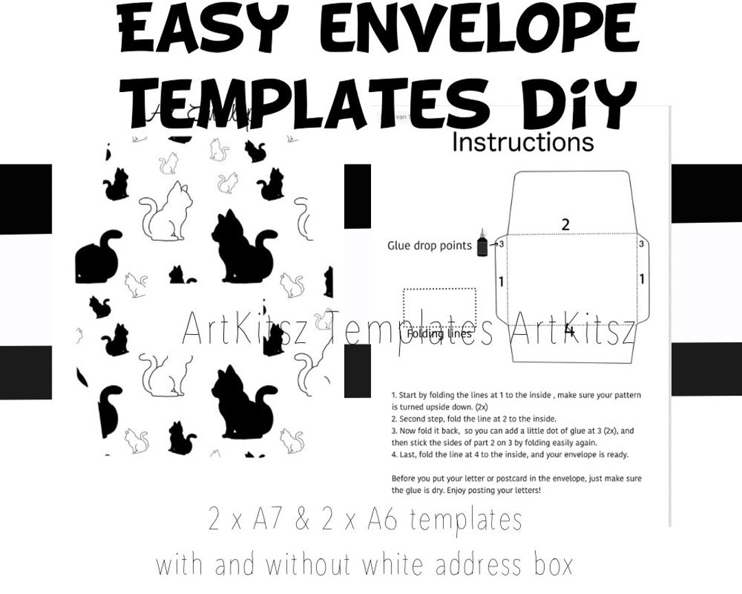 Easy Envelope Template Cats Black White Pattern DIY Instructions Incl ...