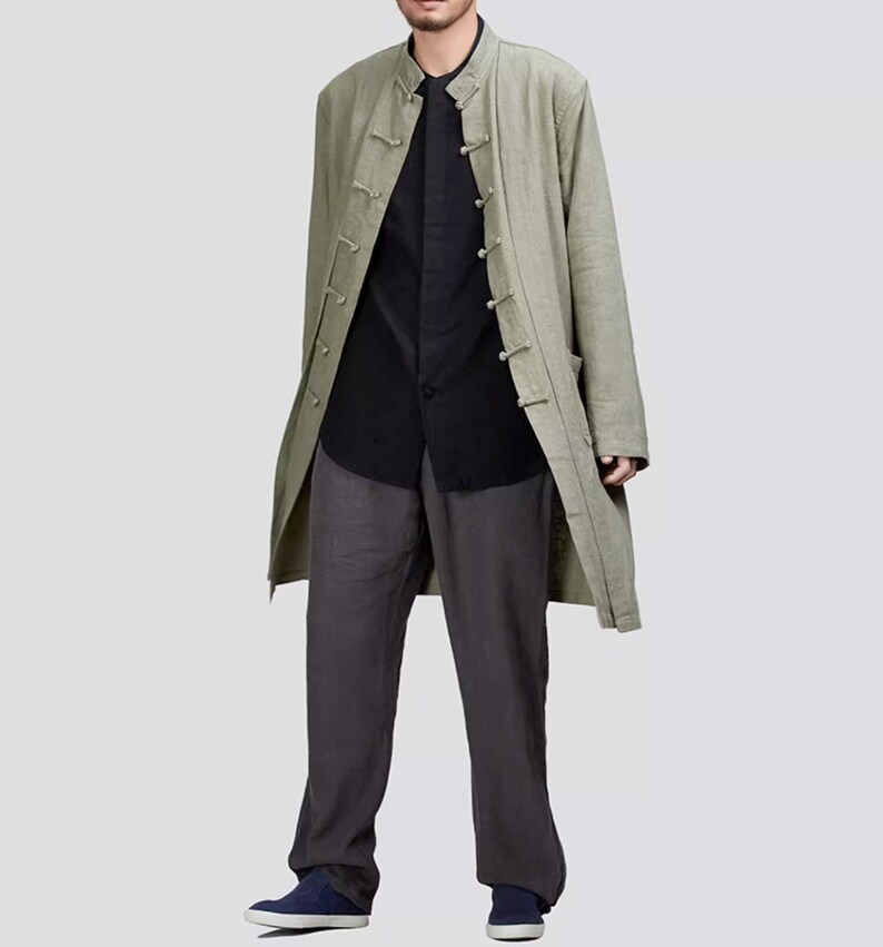 2-colors Line Handmade Mens Long Jacket, Linen Long Coat, Martial Art ...
