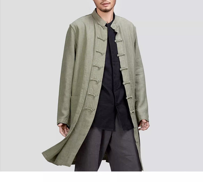 2-colors Line Handmade Mens Long Jacket, Linen Long Coat, Martial Art ...