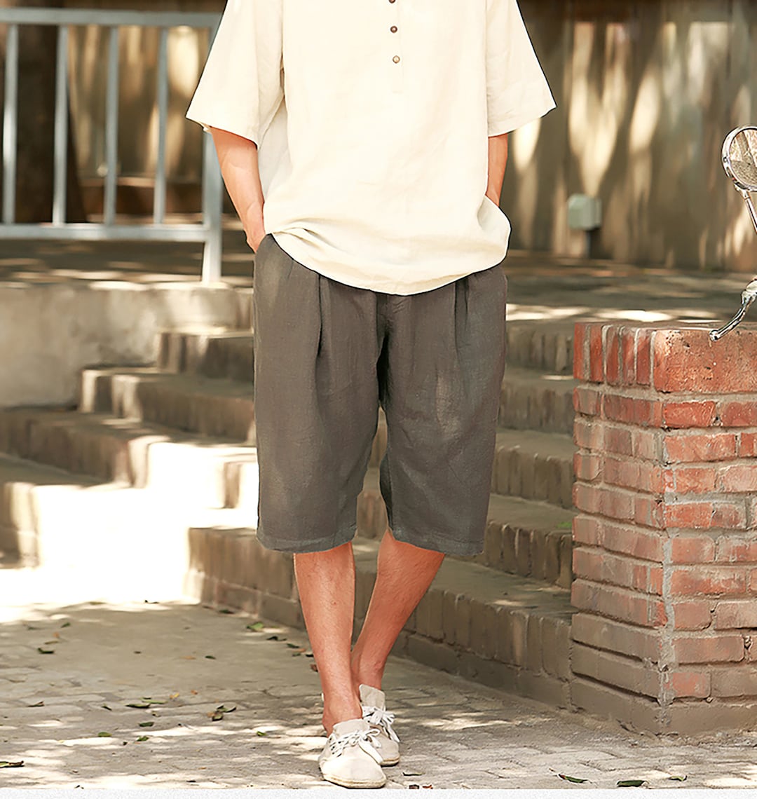 3-colors Luxury Ramie Mens Long Baggy Shorts,wide Leg Short Pants ...