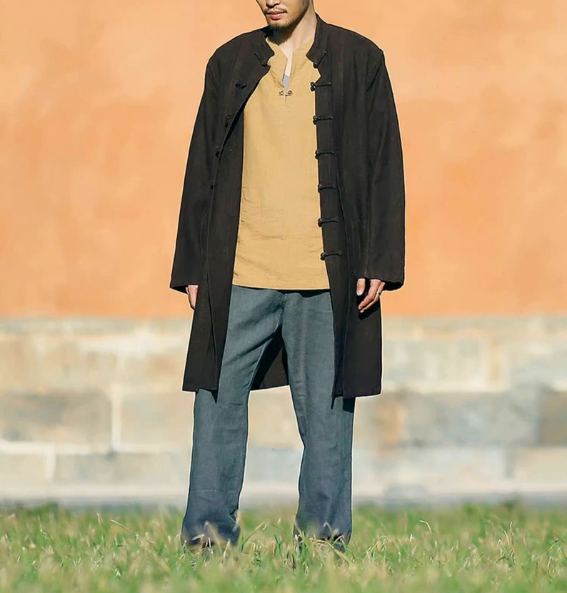 2-colors Line Handmade Mens Long Jacket, Linen Long Coat, Martial Art ...