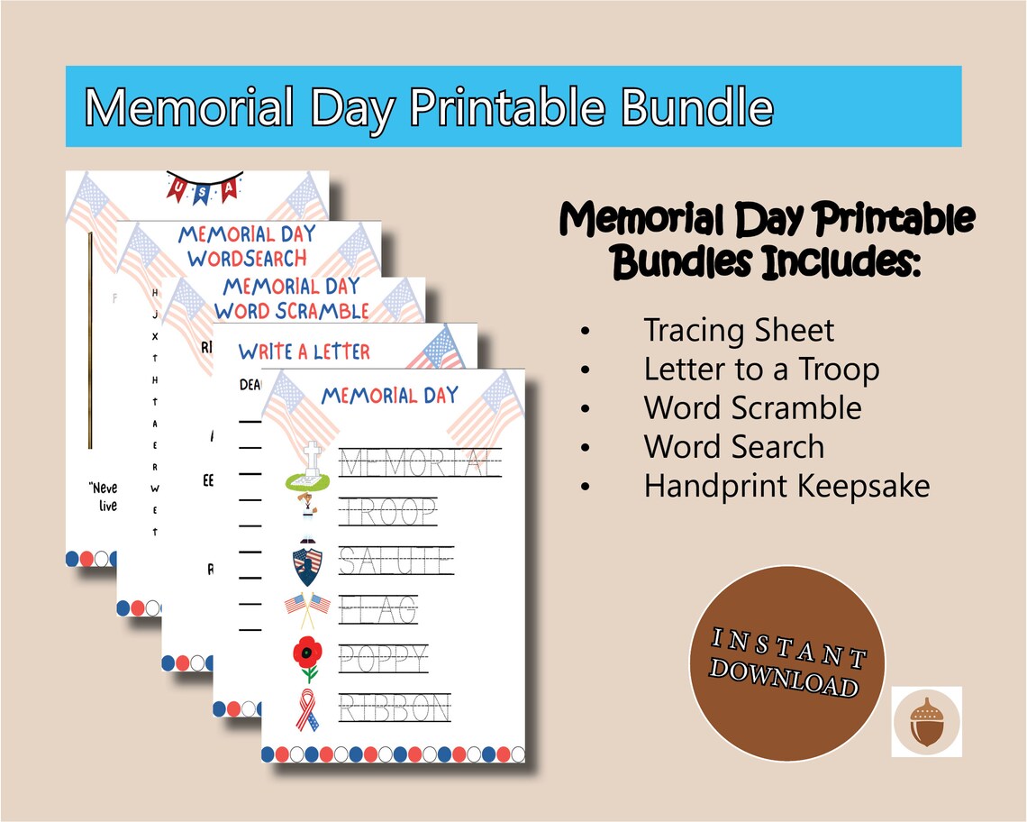 Memorial Day Printable Bundle word Search, Tracing, Write Letter to ...