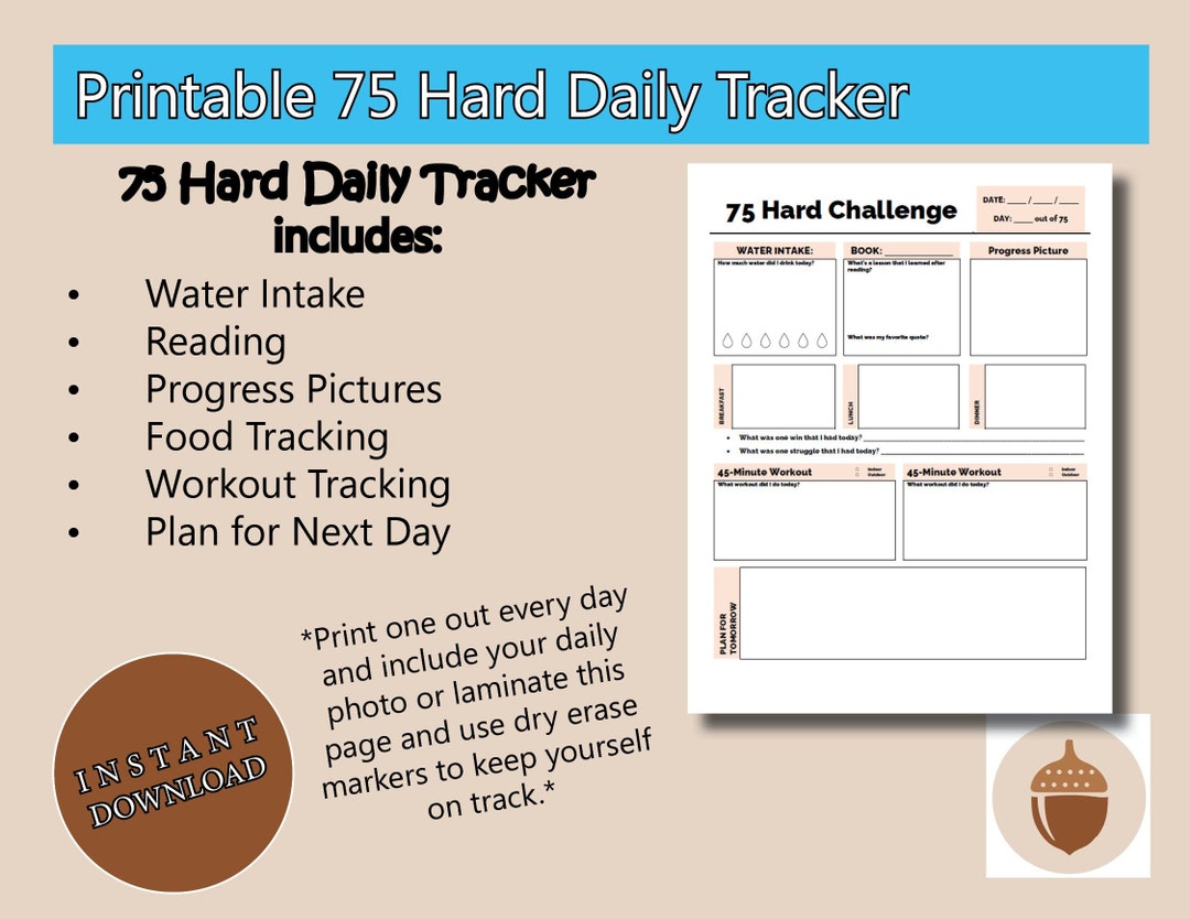 75 Hard Challenge Daily Tracker water Intake, Reading, Progress Picture ...