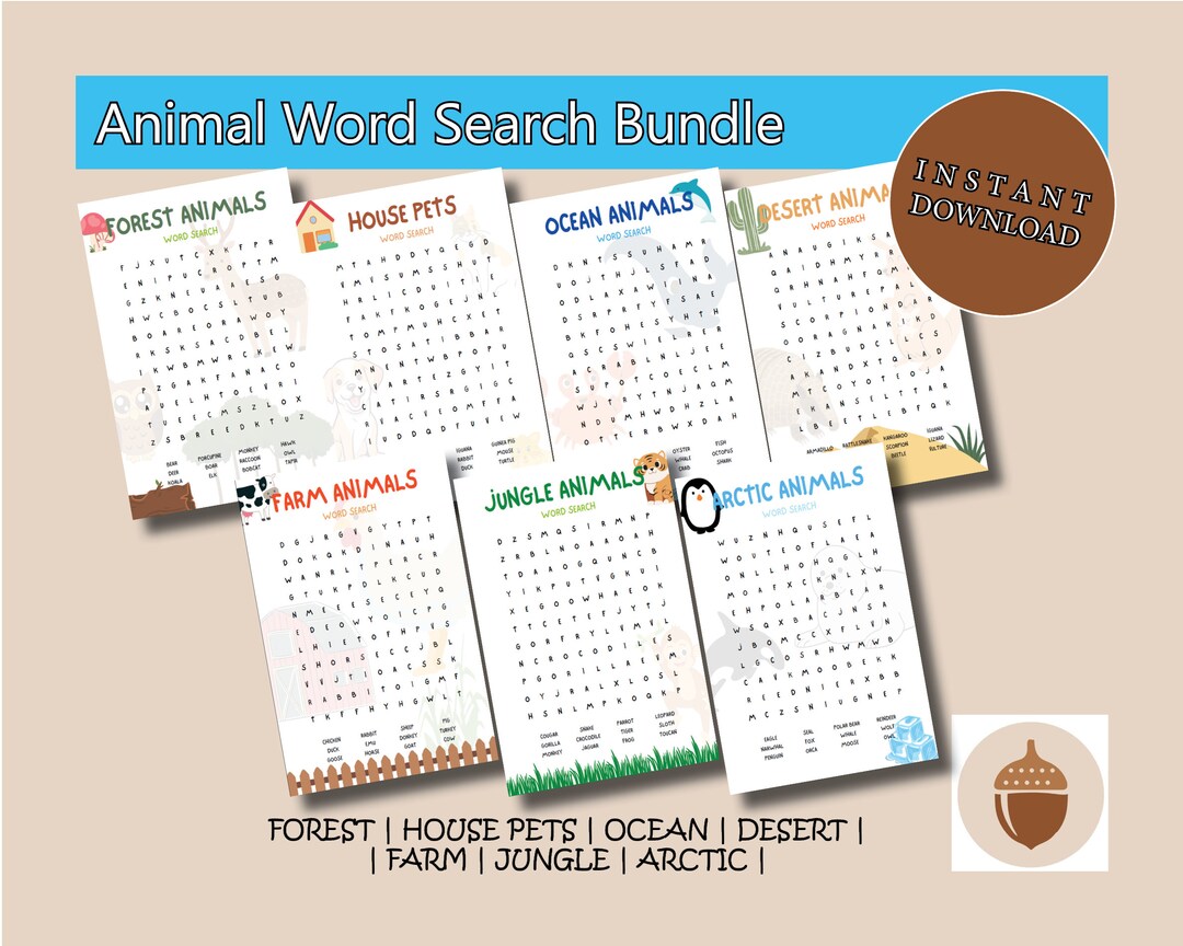 Animal Word Searches forest, Ocean, Jungle, Desert, Arctic, House Pets ...