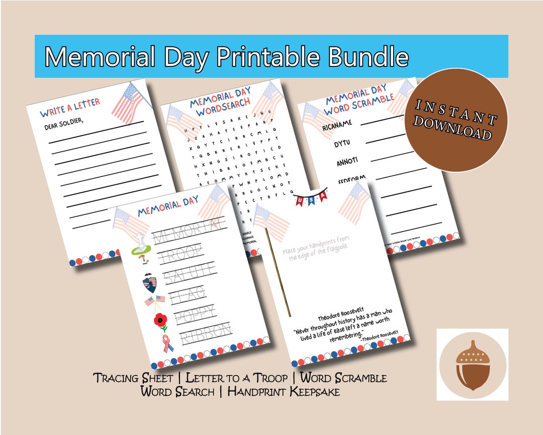 Memorial Day Printable Bundle word Search, Tracing, Write Letter to ...
