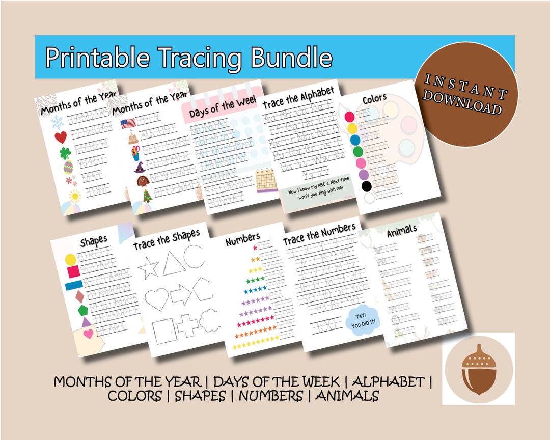 Printable Tracing Worksheet Bundle: Months of the Year, Alphabet ...