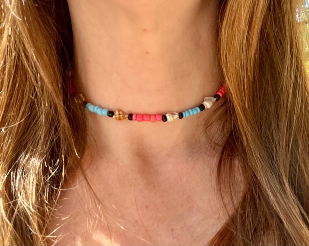 Mauna Kea Coral, Blue and Black Sea Shell Seed Bead Necklace Beaded ...