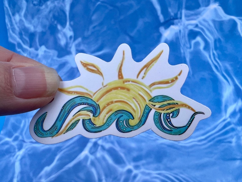 Sun and Waves Vinyl Waterproof Sticker Beachy Water Bottle Sticker ...