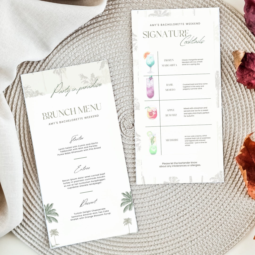 Tropical Palm Tree 4x8 Bachelorette Brunch Menu, Canva Template, Brunch ...
