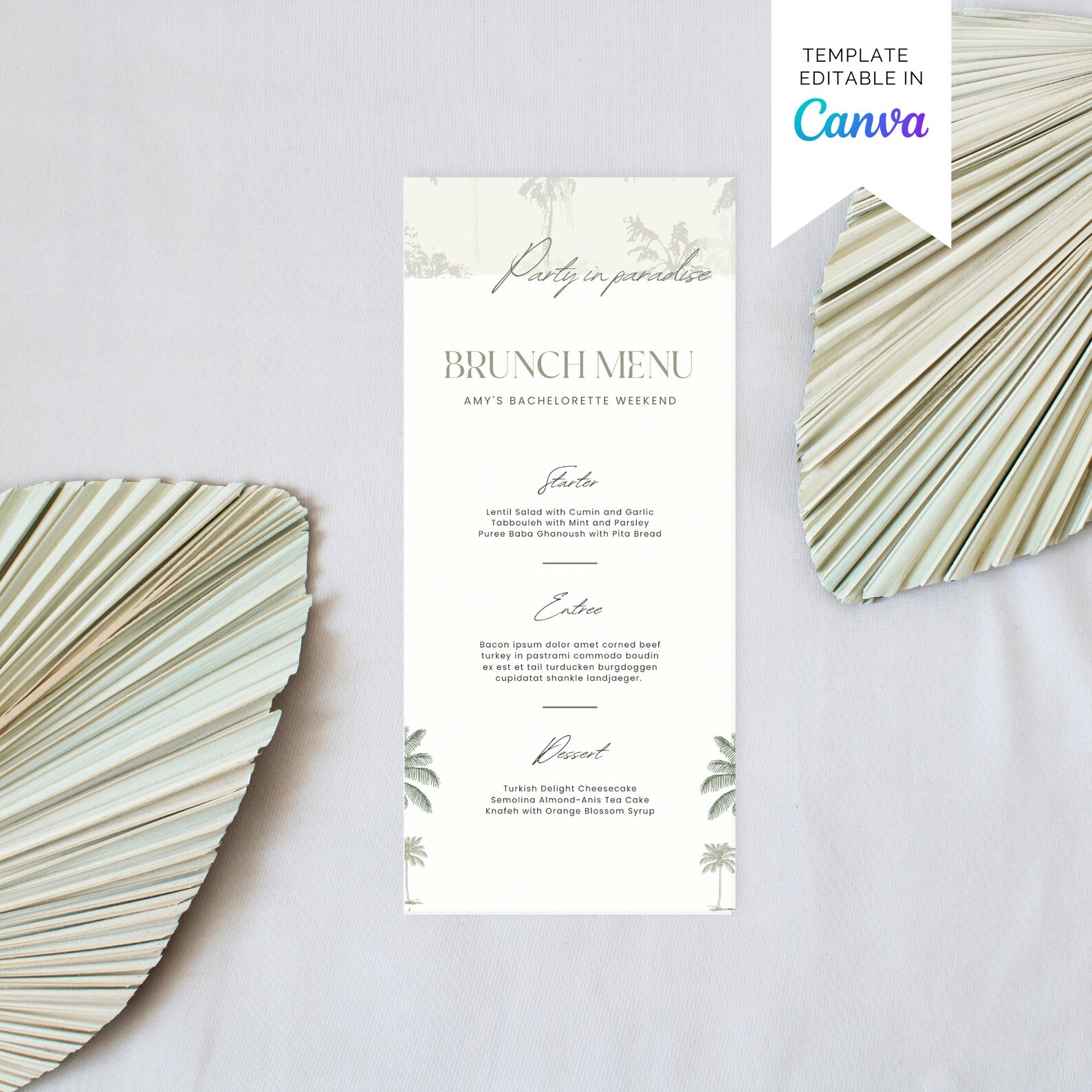 Tropical Palm Tree 4x8 Bachelorette Brunch Menu, Canva Template, Brunch ...
