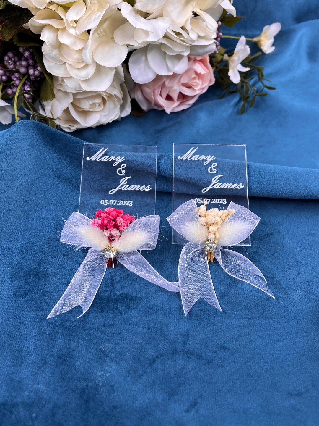 Custom Floral Plexy Magnet With Ribbon, Personalized Wedding Party ...