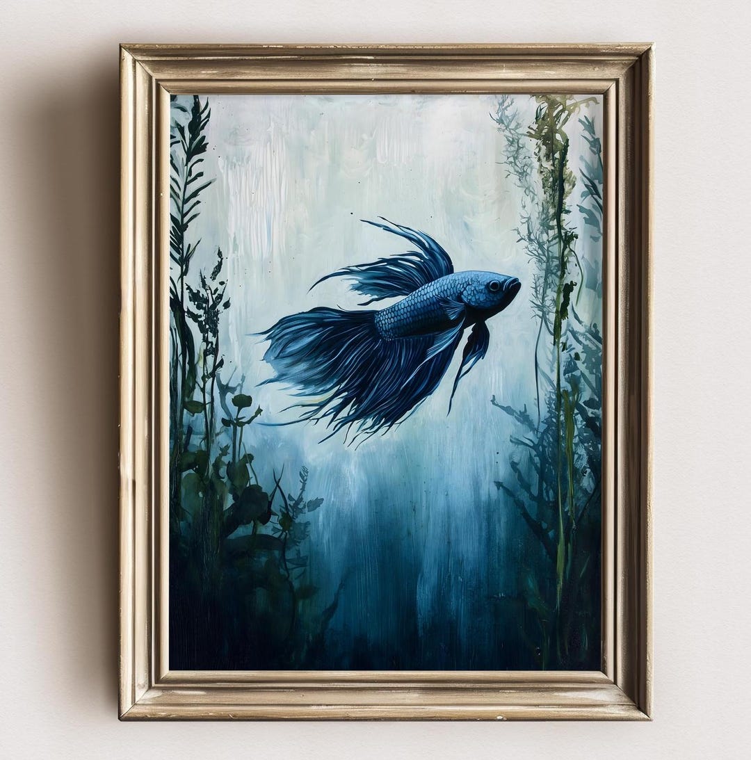Betta Fish Wall Art – Blue Siamese Fighting Fish Painting, Underwater ...