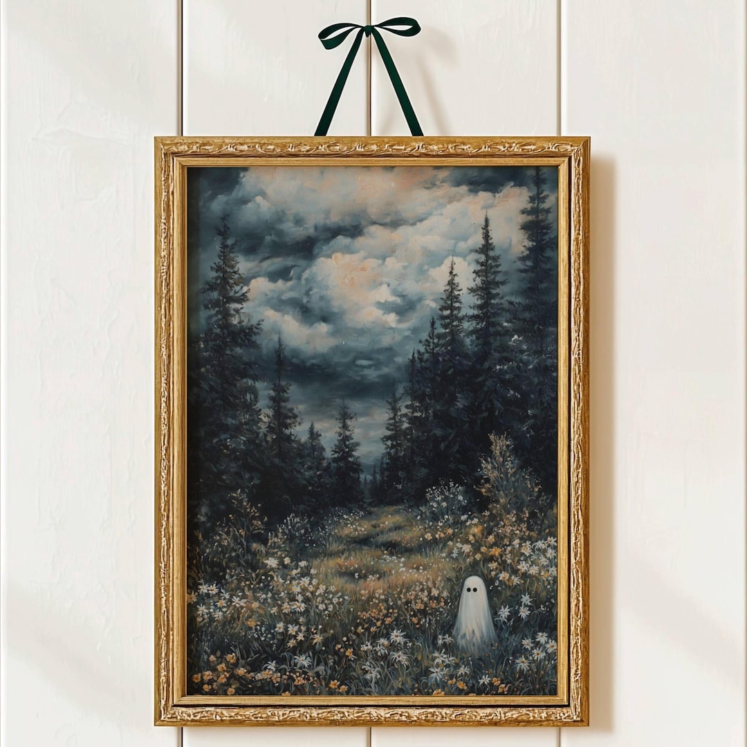 Cute Ghost in Wildflower Field – Spooky Cottagecore Forest Wall Art ...
