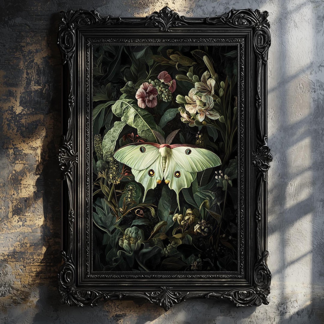 Luna Moth Print, Dark Botanical Prints, Dark Cottagecore Wall Art ...