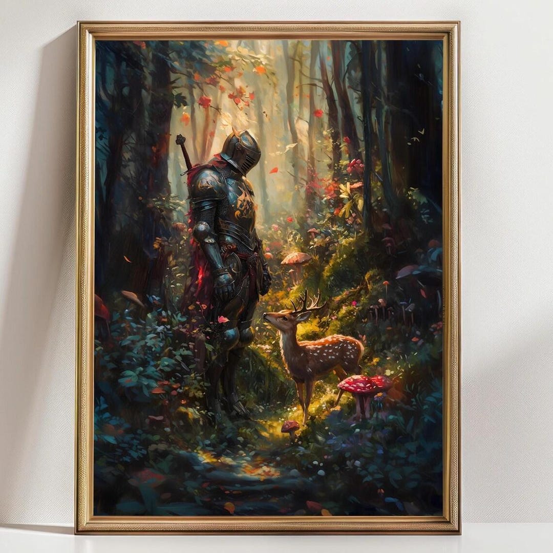 Fantasy Knight Forest Wall Art, Medieval Armor Deer Painting, Enchanted ...