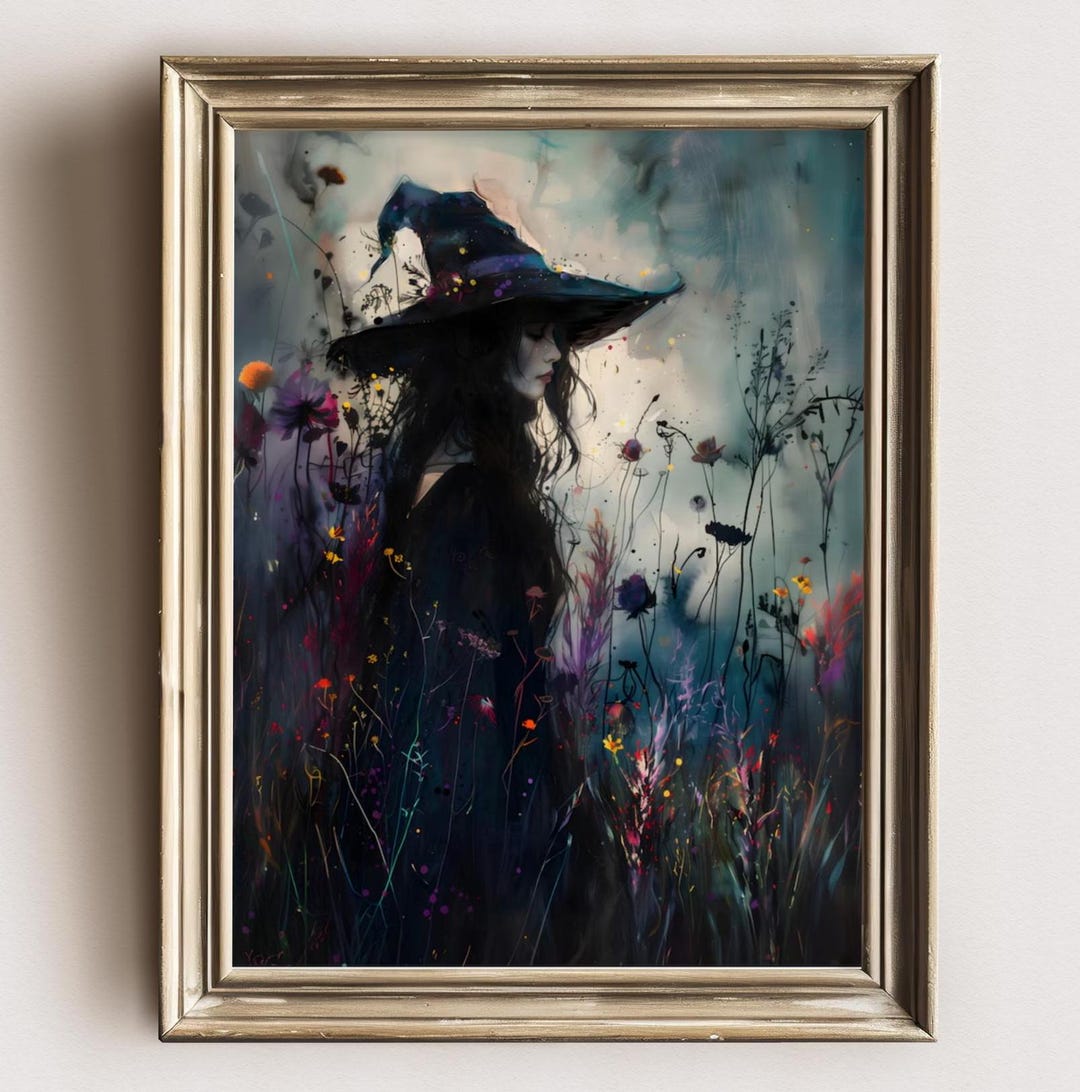 Dark Moody Witch With Wildflowers Art Print Ethereal Witch, Floral ...