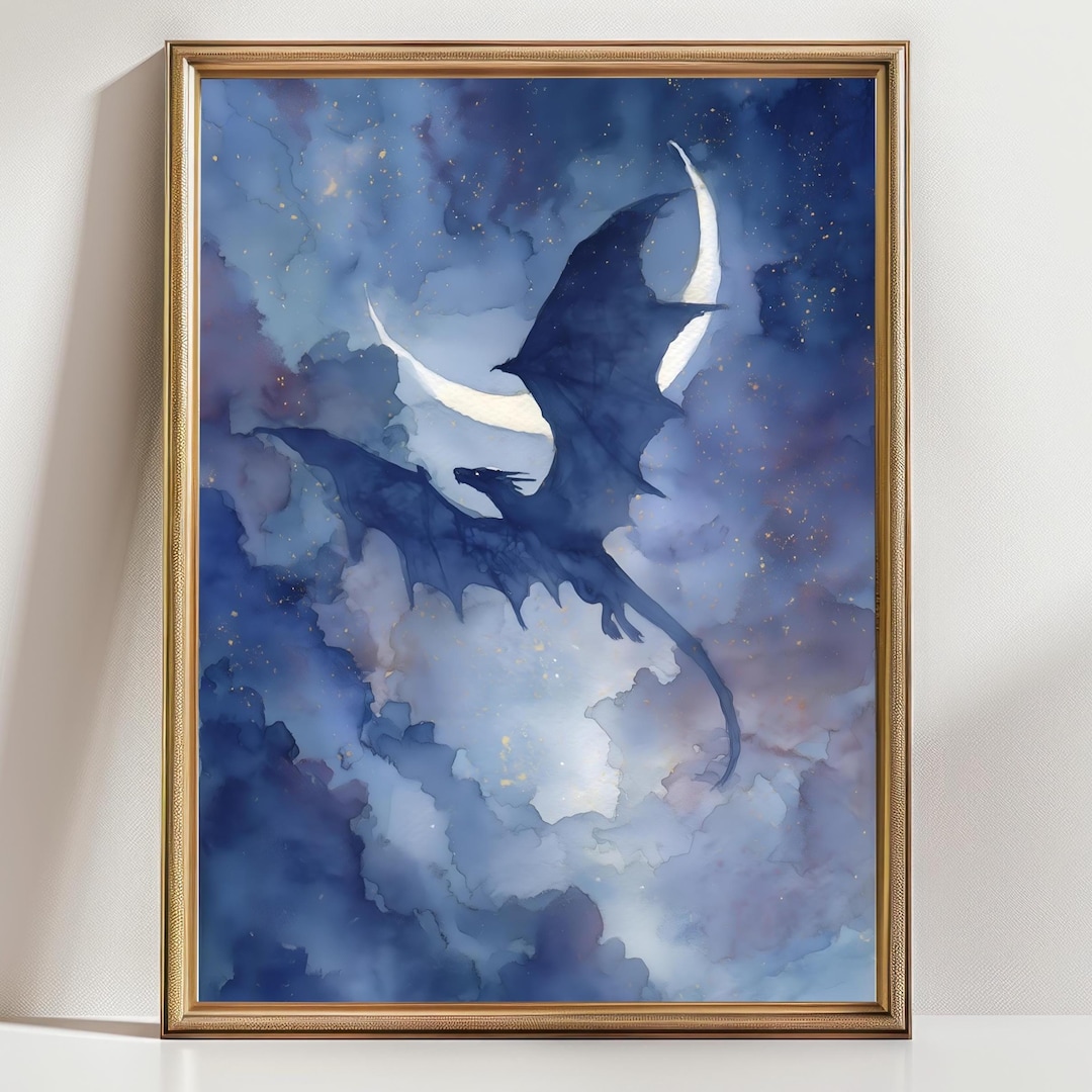 Celestial Dragon Art Print Night Sky Fantasy Wall Decor With Moon Wings ...