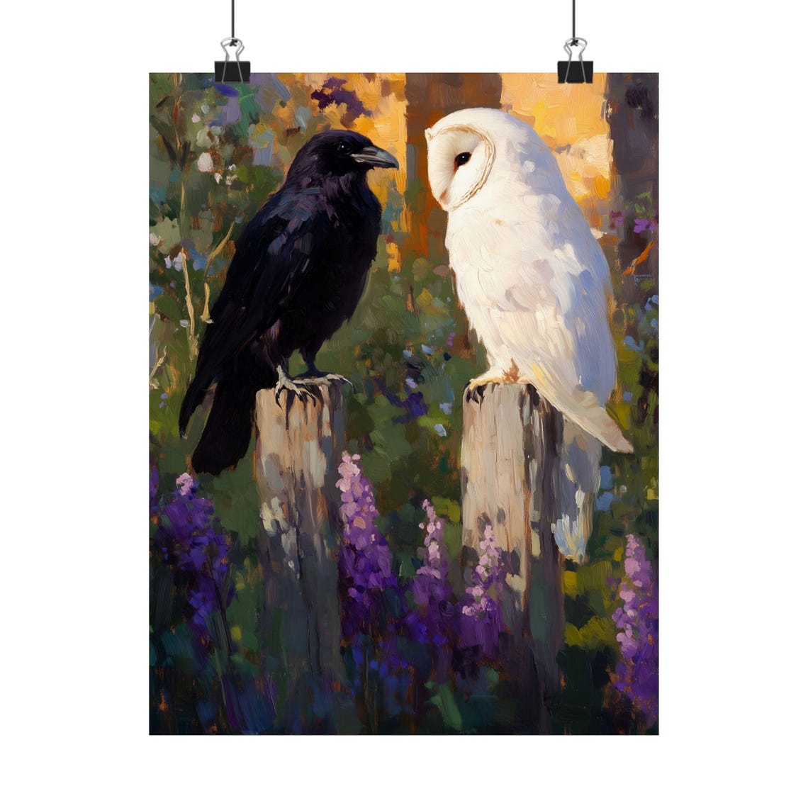 Raven and Owl Art Print, Light and Dark Birds Poster, Nature Animal ...