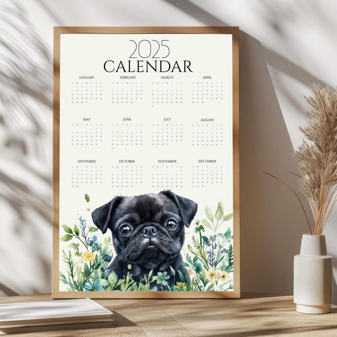 UNFRAMED Calendar 2025 Black Pug Wildflower Dog Print Dog Owner Gift ...