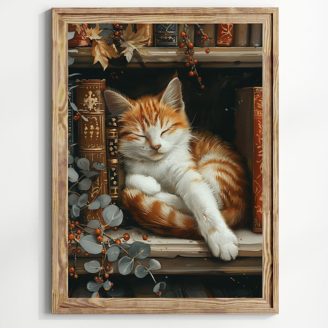 Cute Bookish Red Cat Print Dark Academia Decor Moody Bookish Wall Art ...