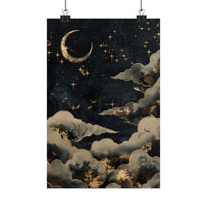 Celestial Crested Moon Wall Art Print ,moody Dark Abstract Night Sky ...