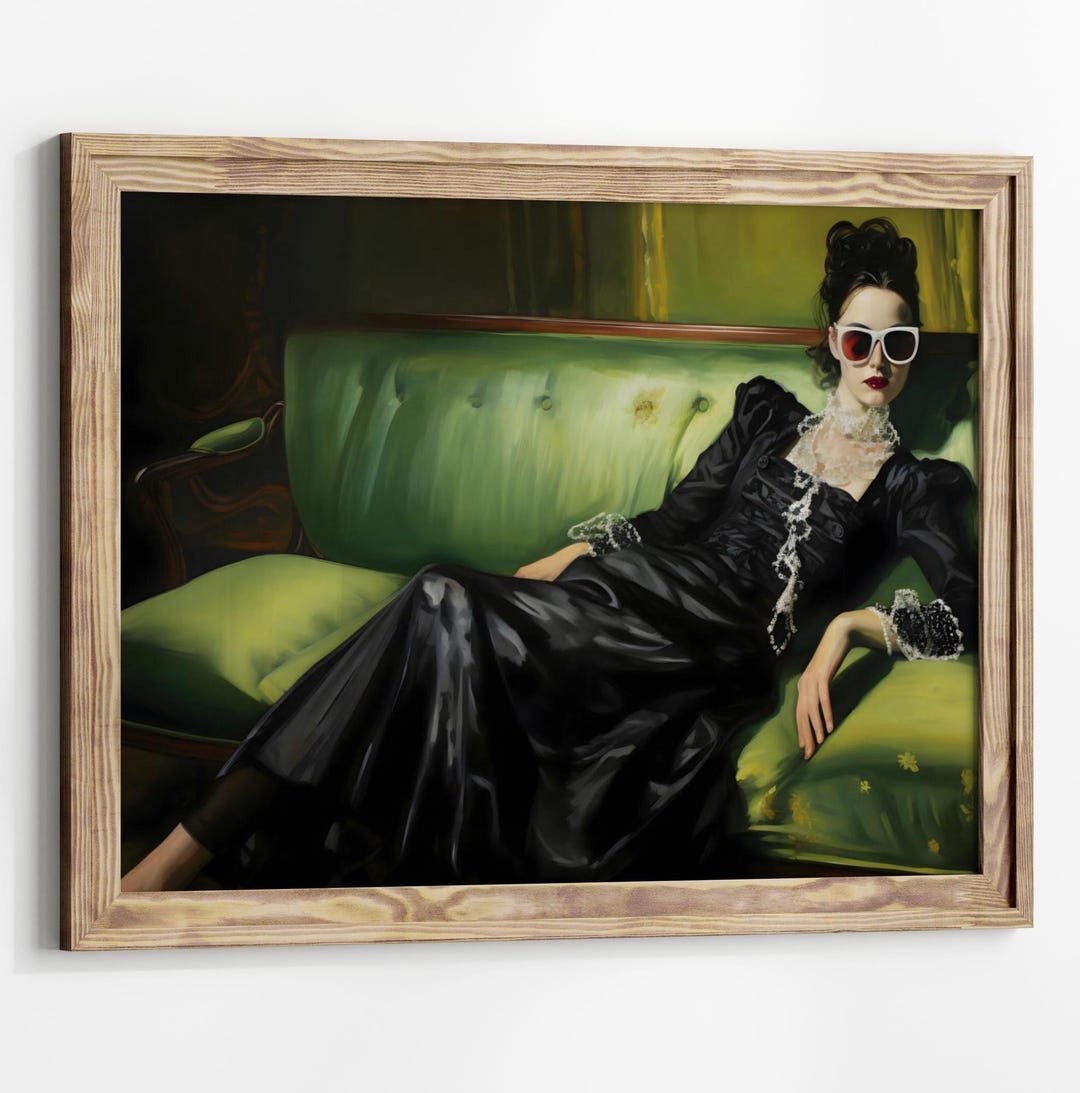 Decadent Young Woman Sitting on a Green Couch Horizontal Art Print ...