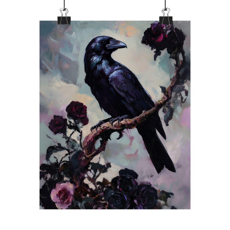 Raven and Roses Art Print, Gothic Raven Wall Decor, Dark Academia Crow ...
