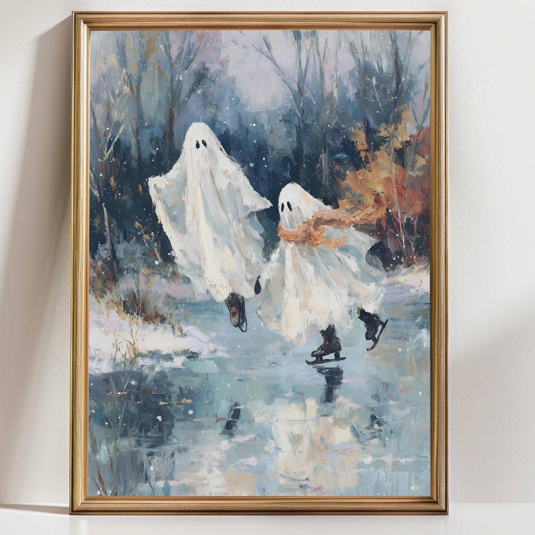 Ghost Ice Skating Art Print, Winter Ghost Couple Wall Art, Cozy Spooky ...