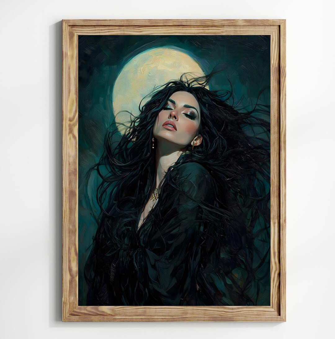Mystic Moon Witch Art Print – Dark Enchantress With Flowing Hair, Full ...