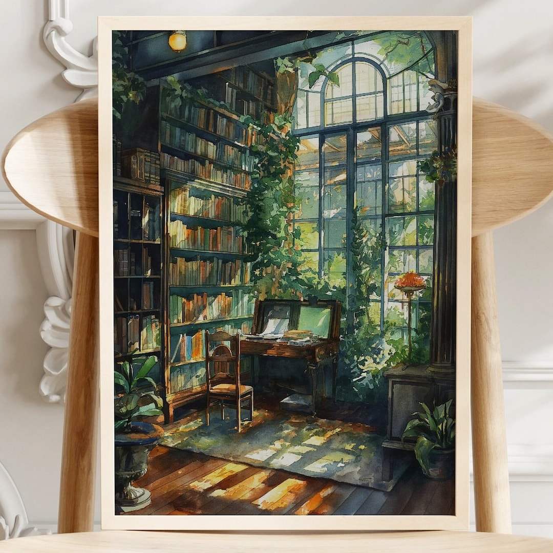 Vintage Library Bookish Print, Dark Academia Greenhouse Library Reading ...