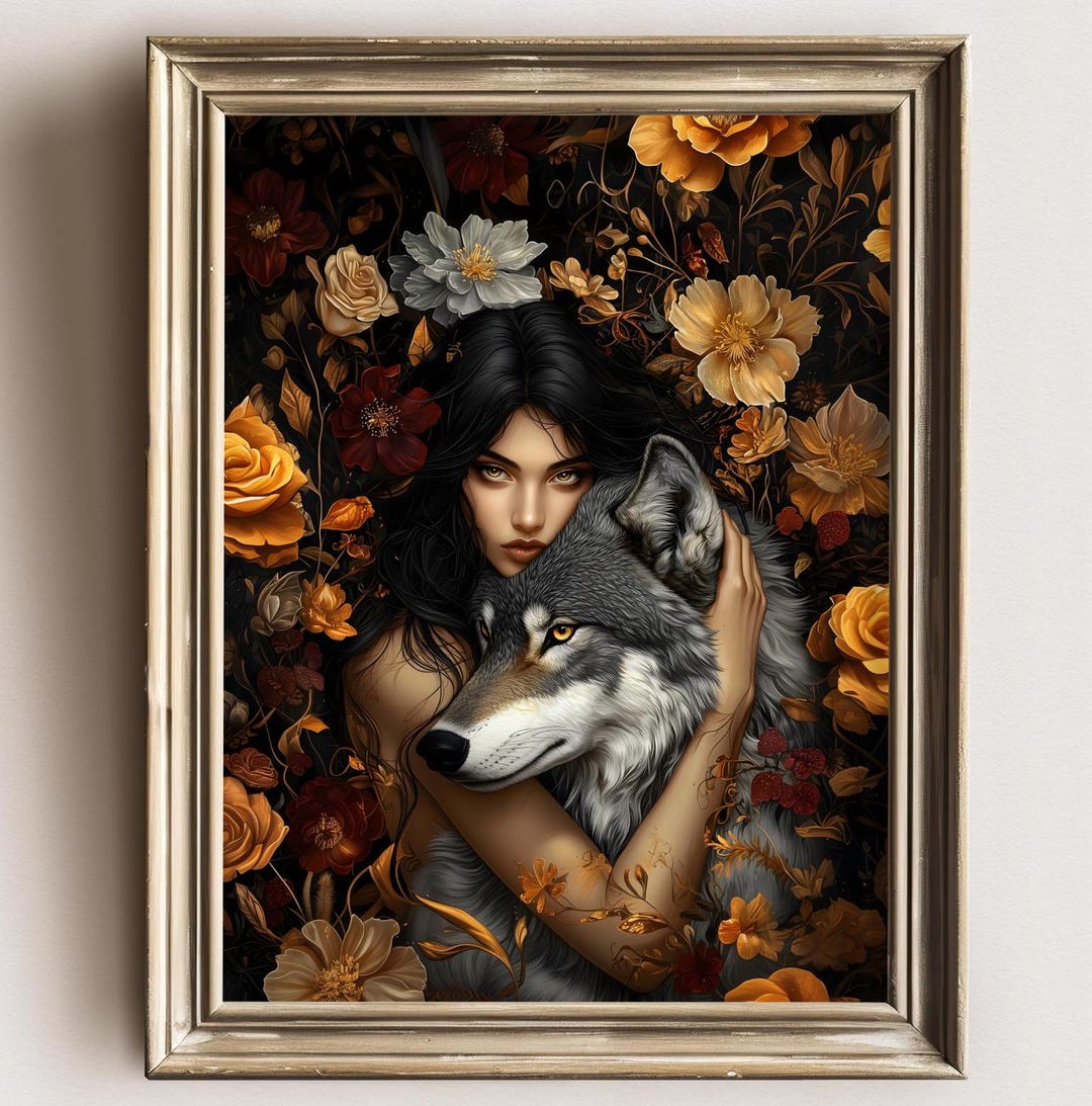 Dark Feminine Wolf Goddess Wall Art Print, Mystic Woman and Wolf ...