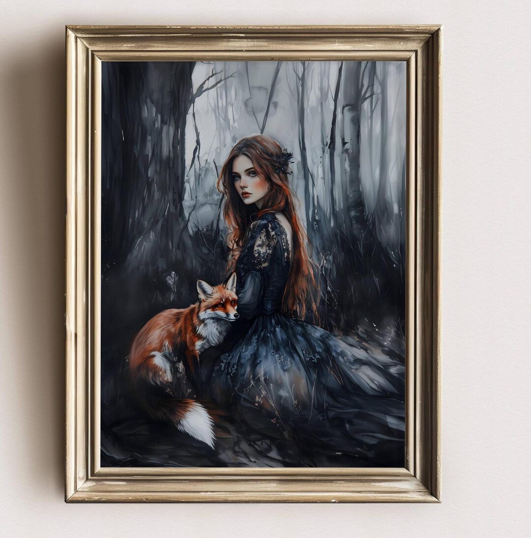 Victorian Woman With Fox Painting, Forestcore Art, Moody Fox Print ...
