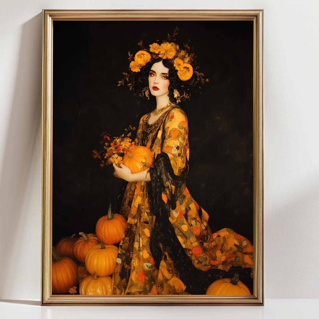 Autumn Goddess Wall Art, Pumpkin Queen Painting, Gothic Fall Decor ...
