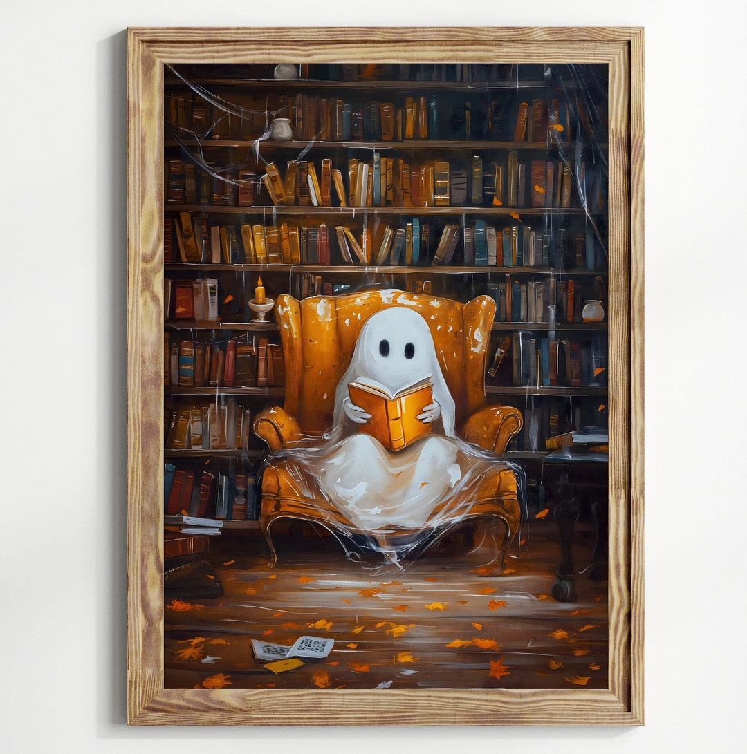 Cute Halloween Ghost Reading a Book Whimsical Halloween Ghost Wall Art ...