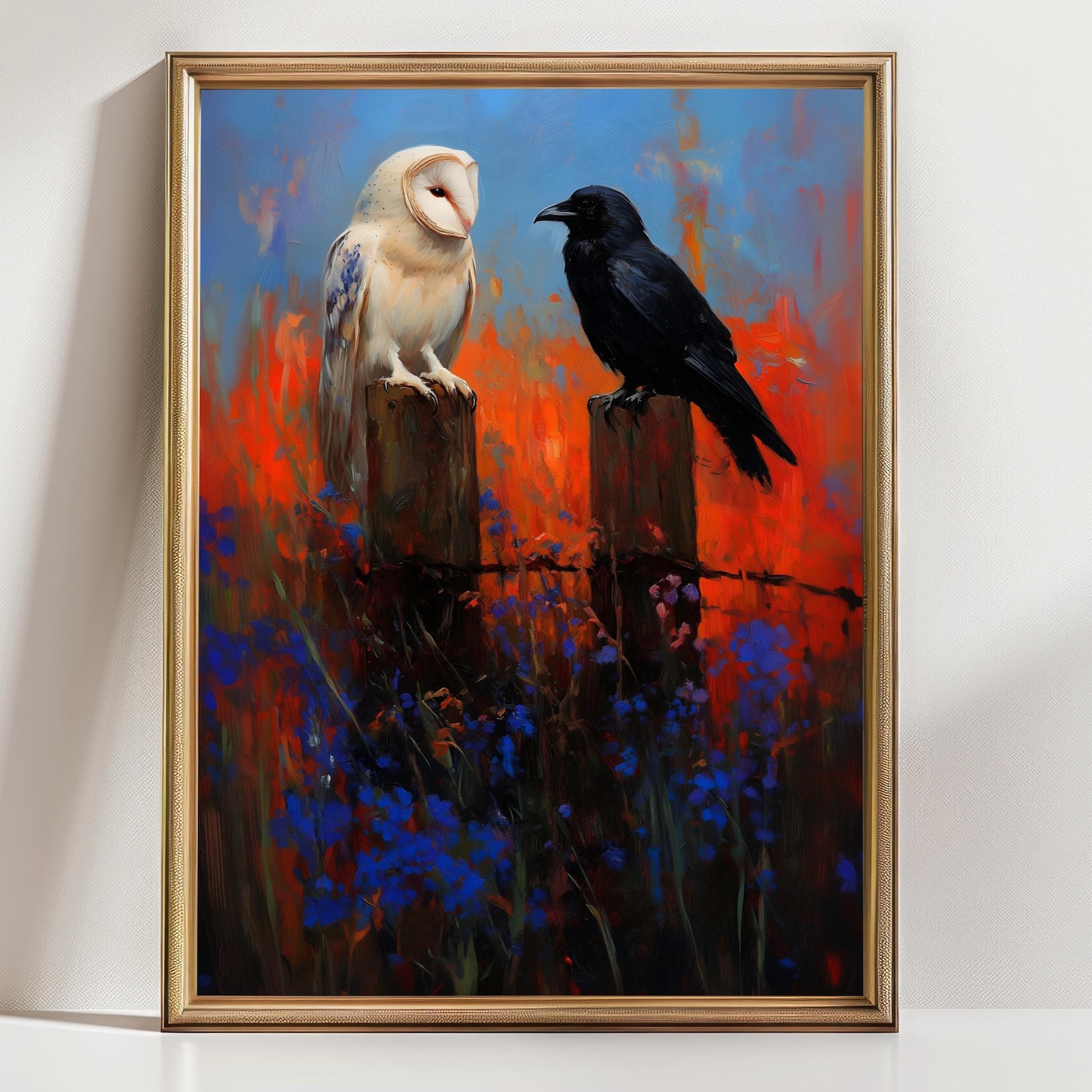 Barn Owl and Raven Print, Gothic Bird Wall Art, Colorful Dark Academia ...