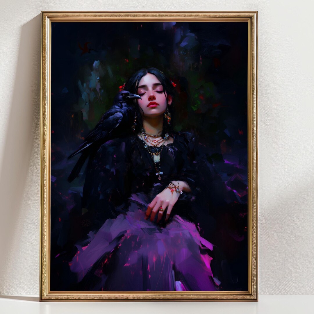 Gothic Woman Raven Wall Art, Dark Academic Portrait Print, Witchy ...