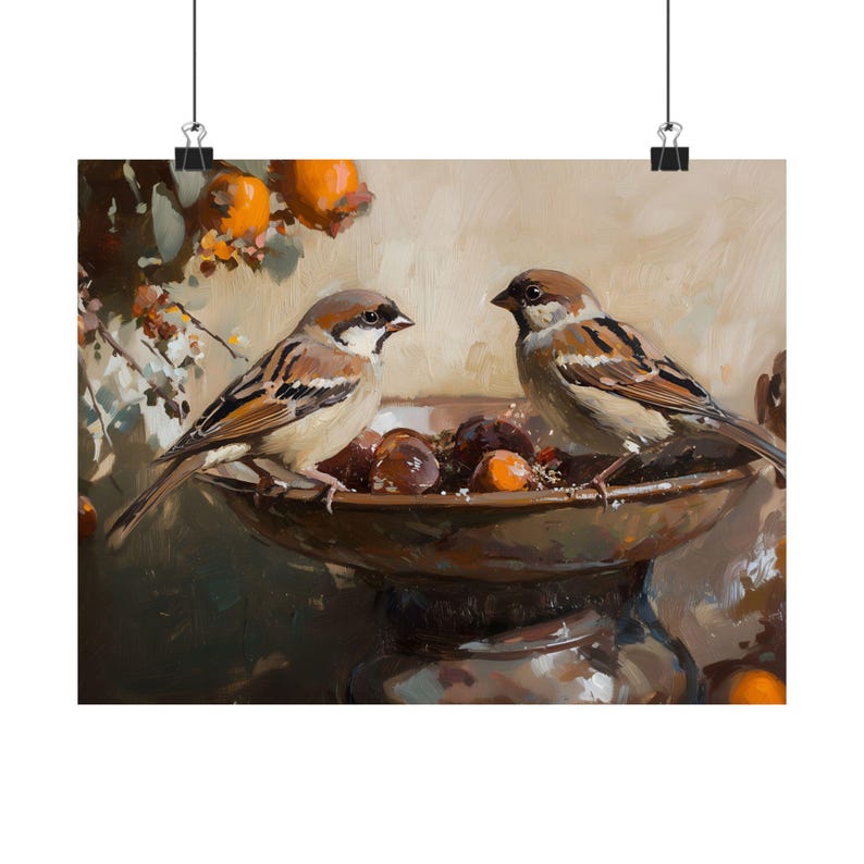 Sparrows on Fruit Bowl Art Print, Vintage Bird Still Life Painting ...