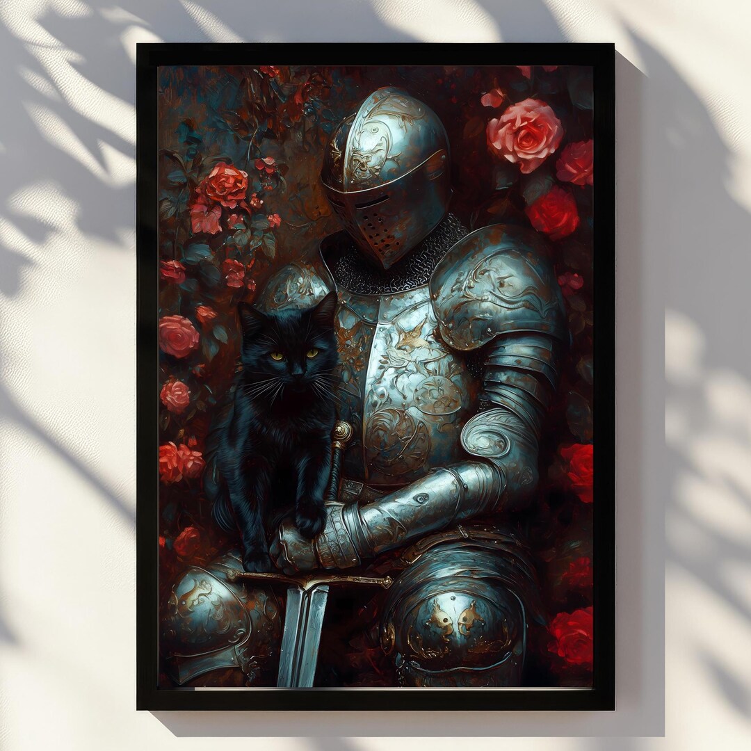 Medieval Knight With a Black Cat Art Print, Knightcore Fantasy Art ...