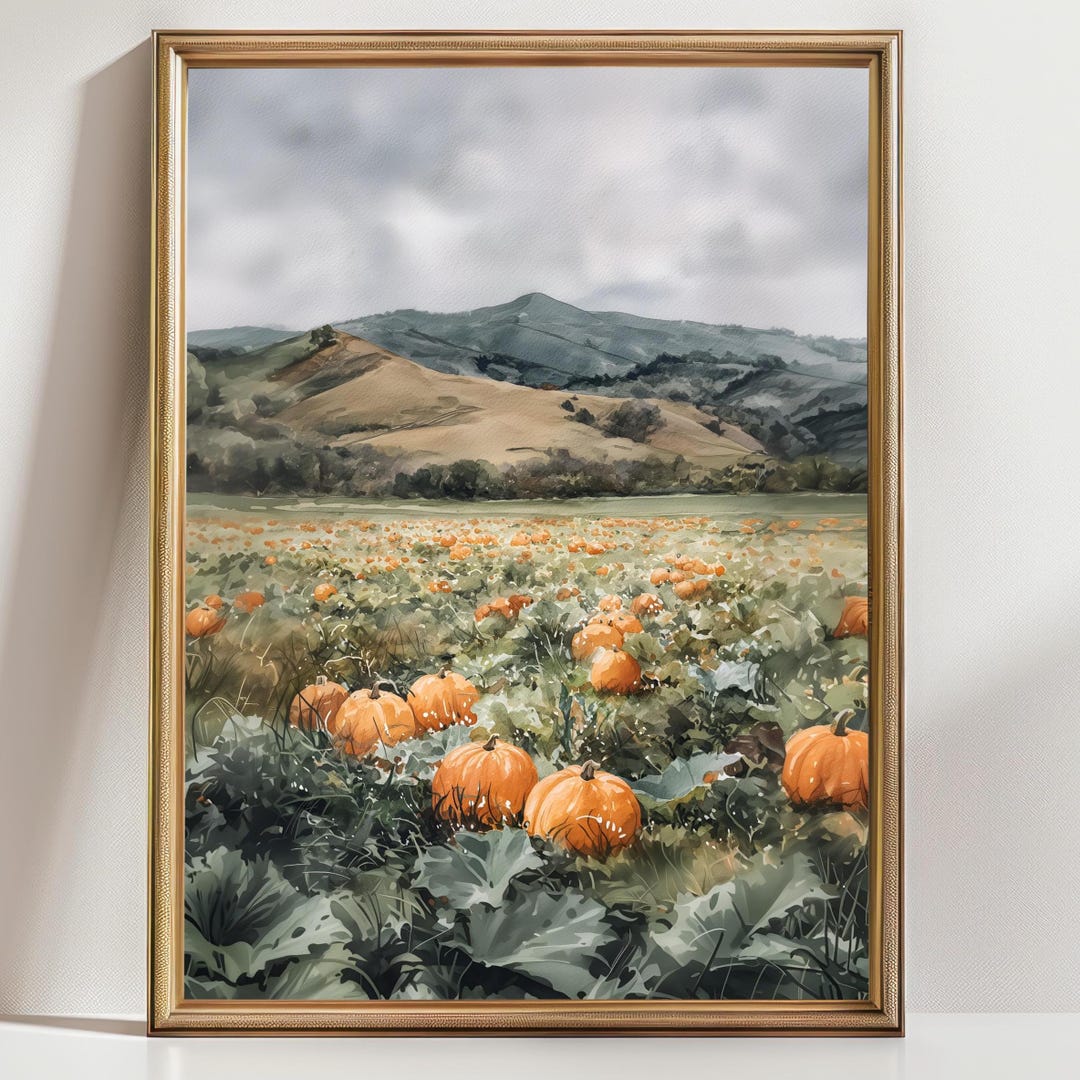 Pumpkin Field Landscape Art Print, Rustic Fall Wall Decor, Countryside ...