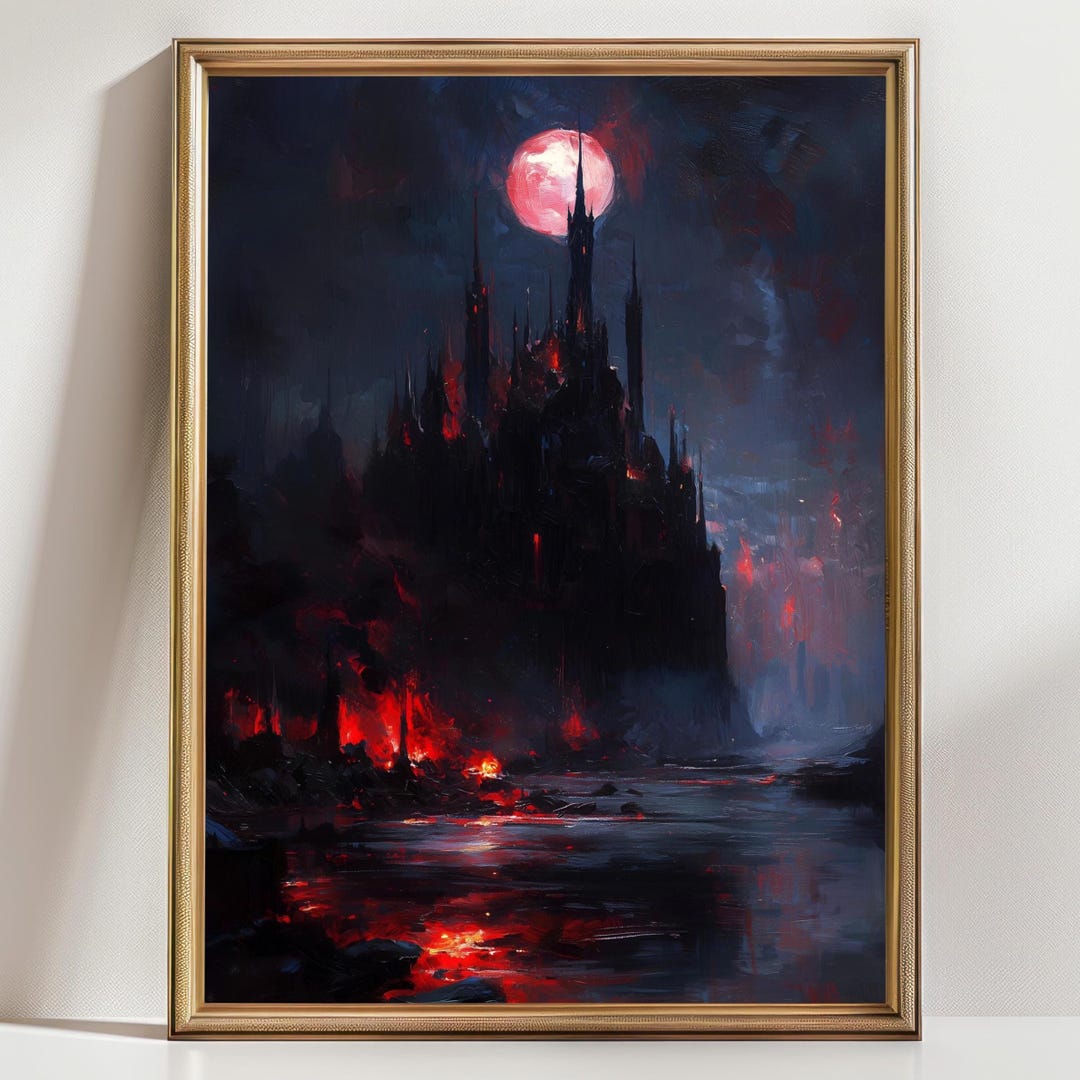 Gothic Dark Castle Art Print, Vampire Fantasy Wall Decor, Blood Moon ...
