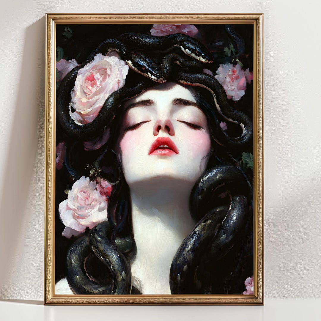 Dark Medusa Wall Art Print – Gothic Woman With Snakes and Roses ...