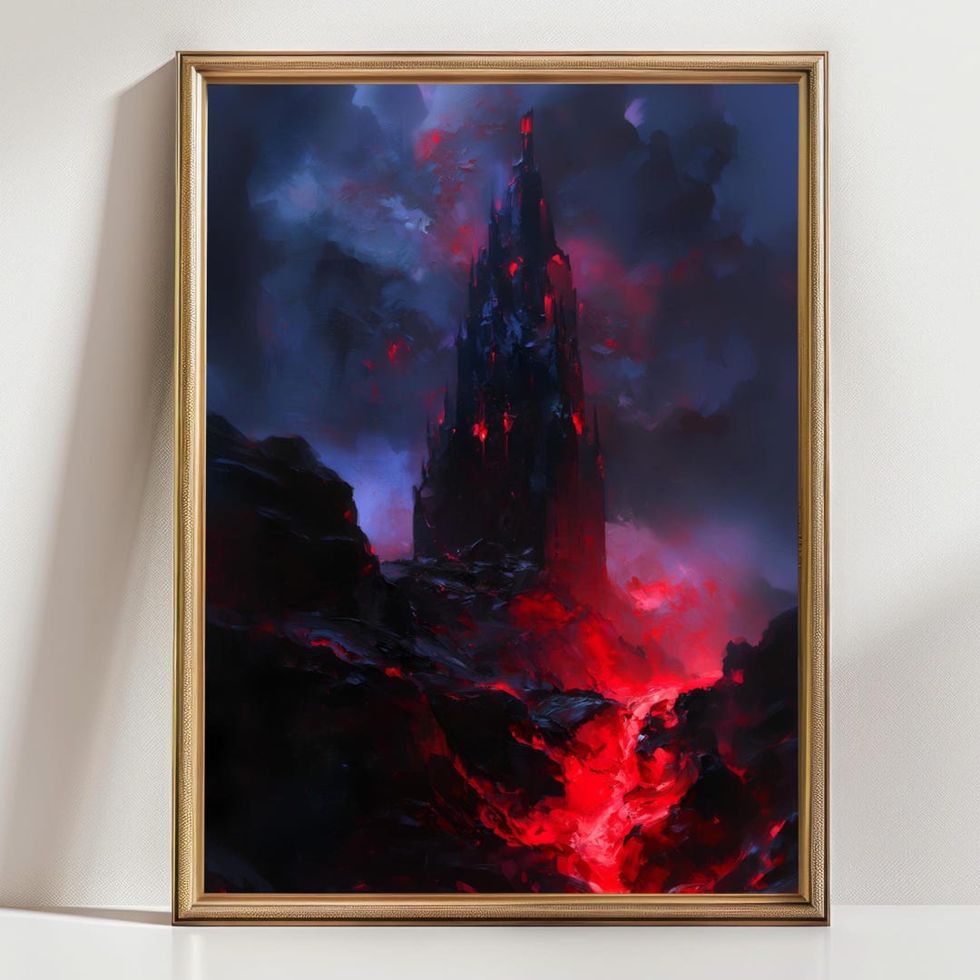 Dark Gothic Tower Red Lava Print, Dark Fantasy Landscape Wall Art ...