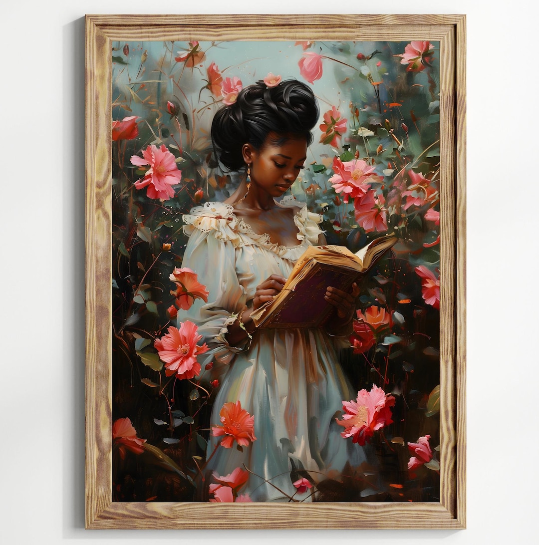 Bookish Victorian Art Print , Black Woman Reading a Book, Wildflowers ...