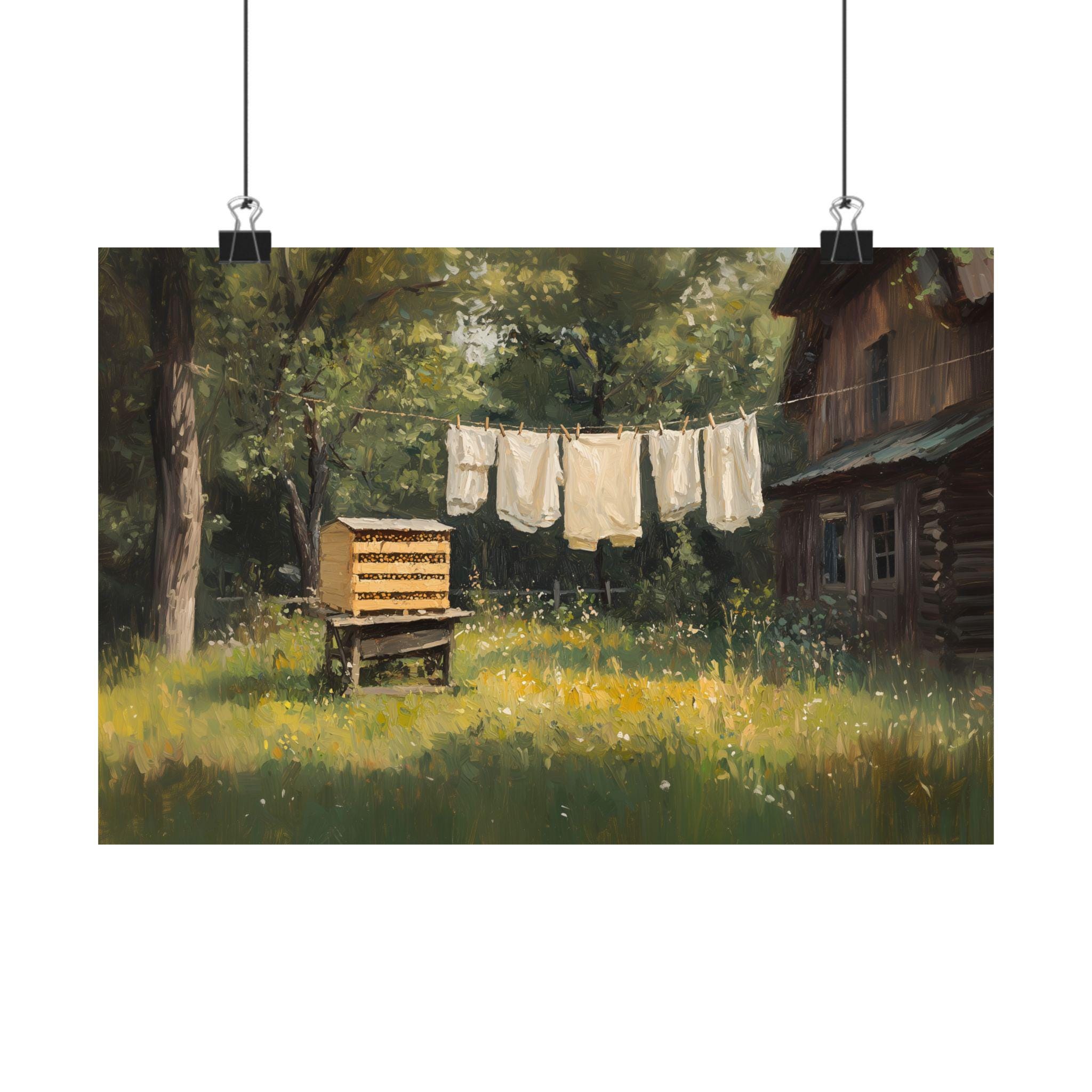 Country Cottage Art Print • Rustic Beehive and Laundry Painting ...