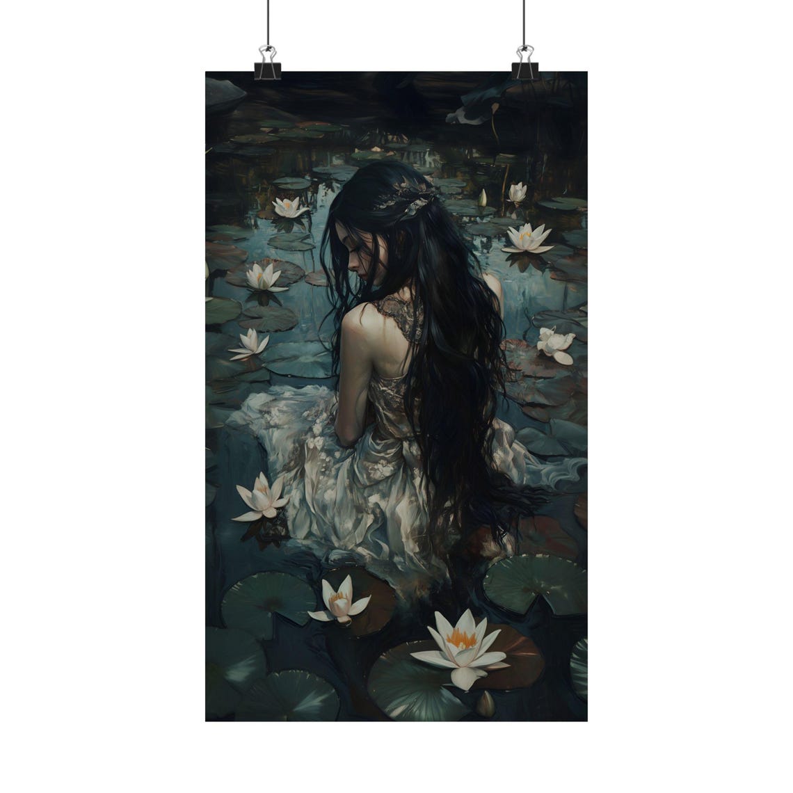 Dark Water Lily Woman Wall Art, Gothic Fantasy Portrait in Lotus Pond ...