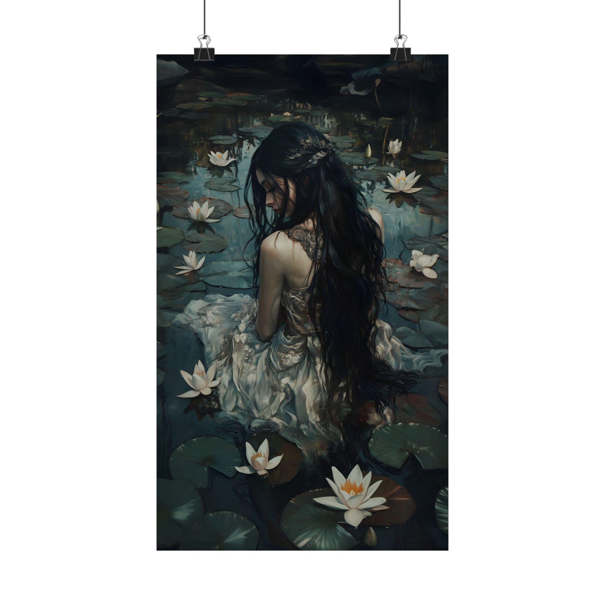 Dark Water Lily Woman Wall Art, Gothic Fantasy Portrait in Lotus Pond ...